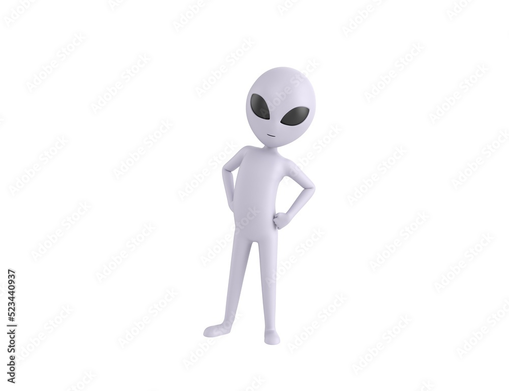 Grey Alien character confident keeping hands on hips in 3d rendering ...