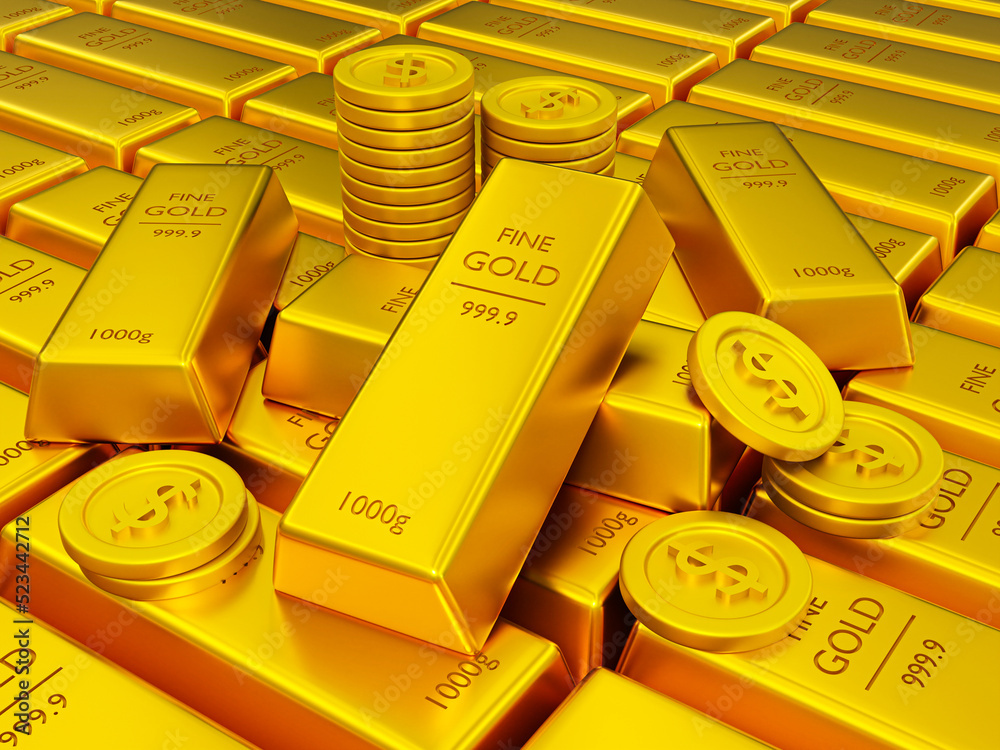 3d realistic gold bullion and dollar coins. Close-up 1000 gram gold ...