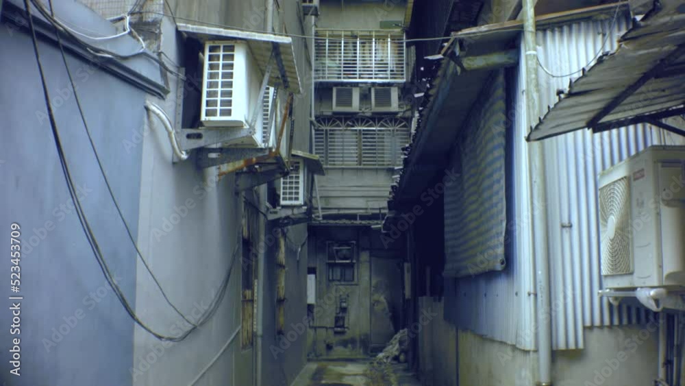 look up vertical view of ghetto old dirty asia apartment building in ...