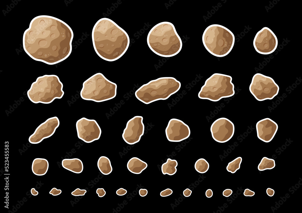 Flat space meteorite stickers vector graphic set. Collection of ...
