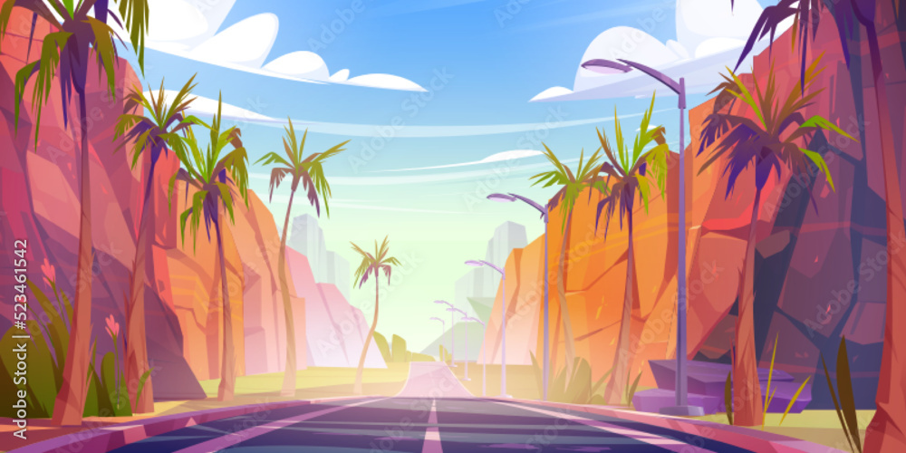 Road at tropical landscape with palm trees and rocks by sides ...