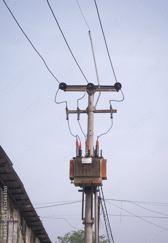high voltage transformer power grid with sky background Stock Photo ...