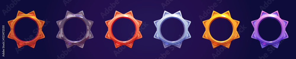 Circle game frames, ui rank or avatar round borders. Wooden, metal ...