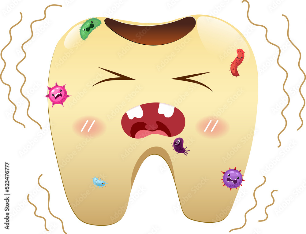 Cute cartoon with tooth decay with bacteria character cleaning itself ...