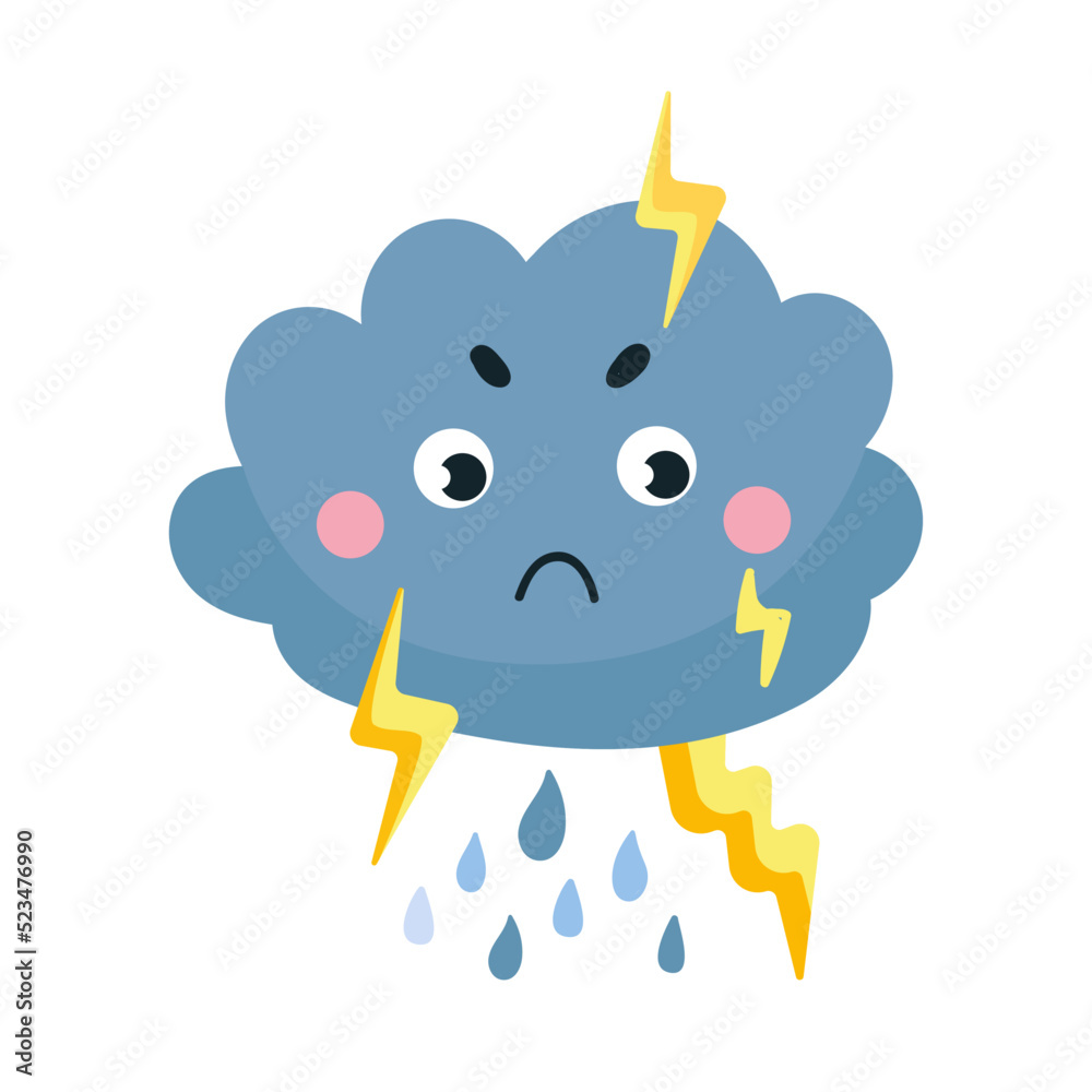 Weather emoticon flat icon. Cartoon storm cloud, wind isolated vector ...