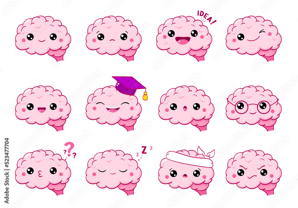 Set of Kawaii Brain Cartoon Character. Collection of human brains with ...