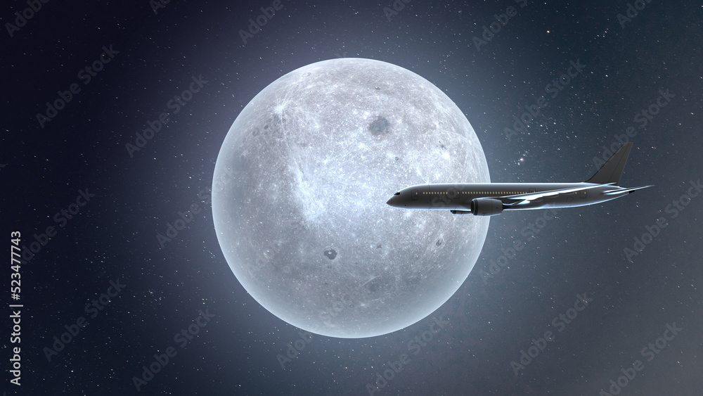 Airplane flying in the full moon Stock Illustration | Adobe Stock