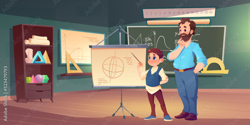 Mathematics classroom in school with teacher and student. Vector ...