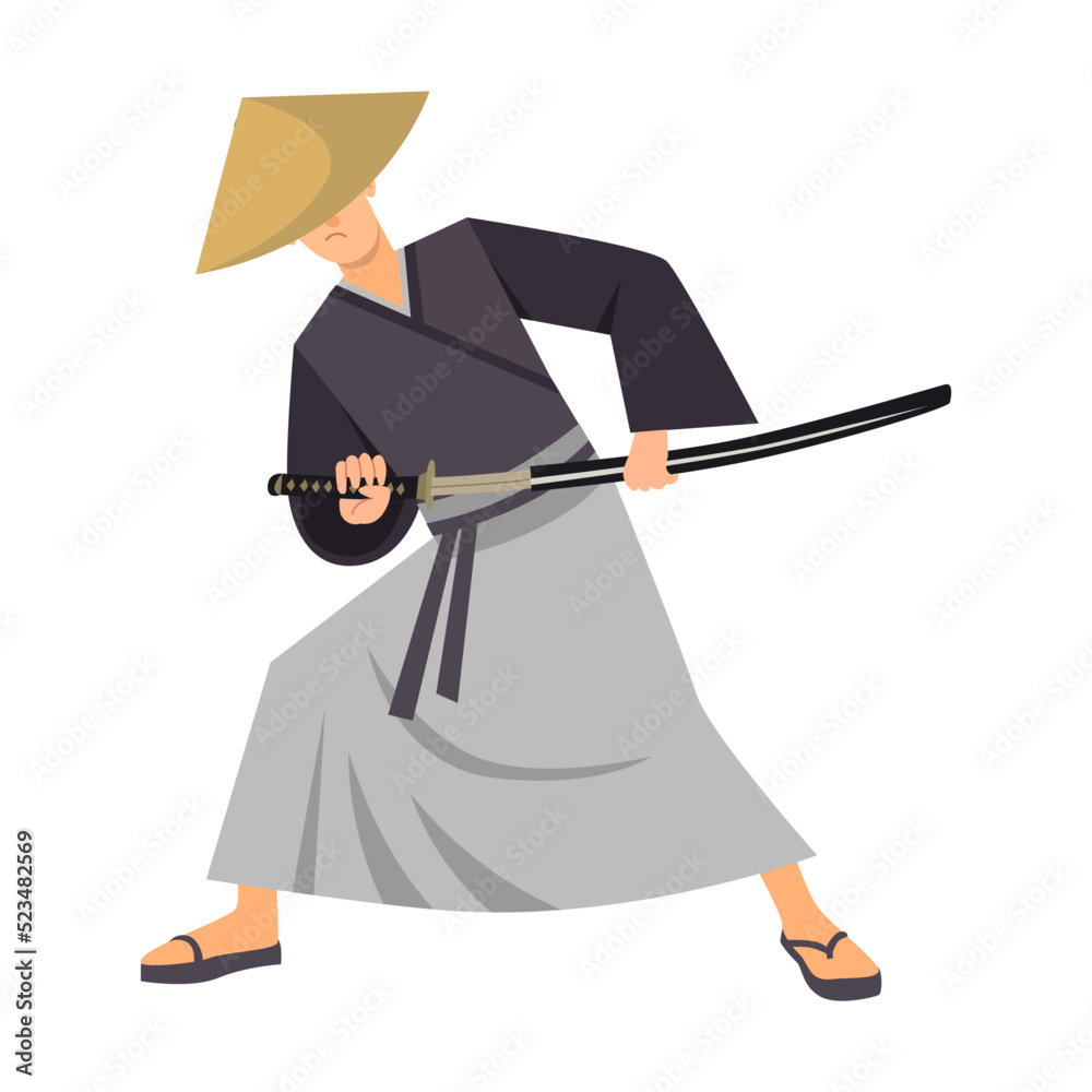 Samurai character in straw hat vector illustration. Male Japanese ...