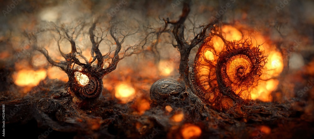 Surreal fantasy of creepy haunted trees, twisted dead branches and ...
