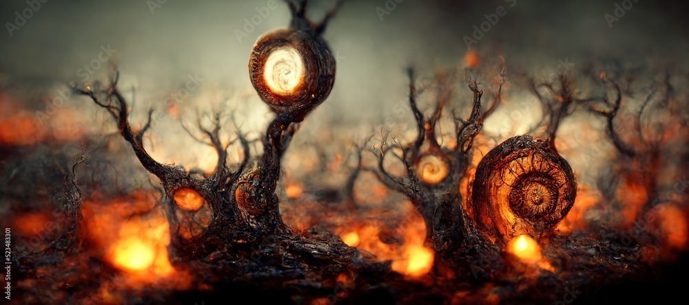 Surreal fantasy of creepy haunted trees, twisted dead branches and ...