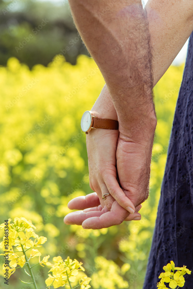 Un couple se tient la main dans un champs de colza - gros plan sur leur ...
