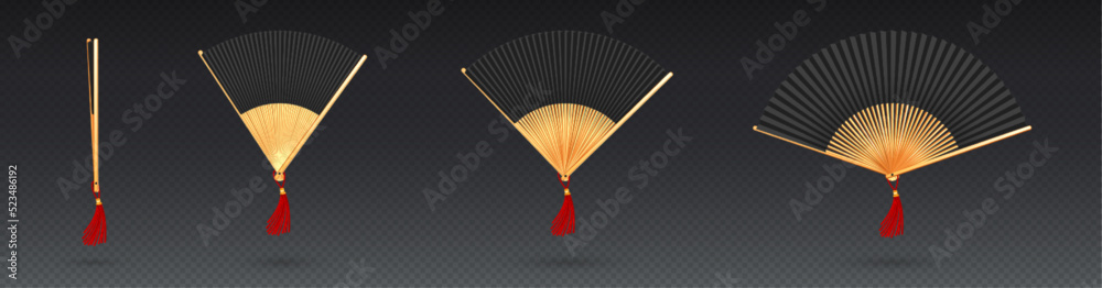 Chinese hand fan, traditional oriental black and gold isolated handheld ...