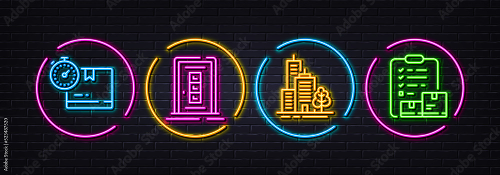 Cardboard box, Skyscraper buildings and Door minimal line icons. Neon laser 3d lights. Inventory ...