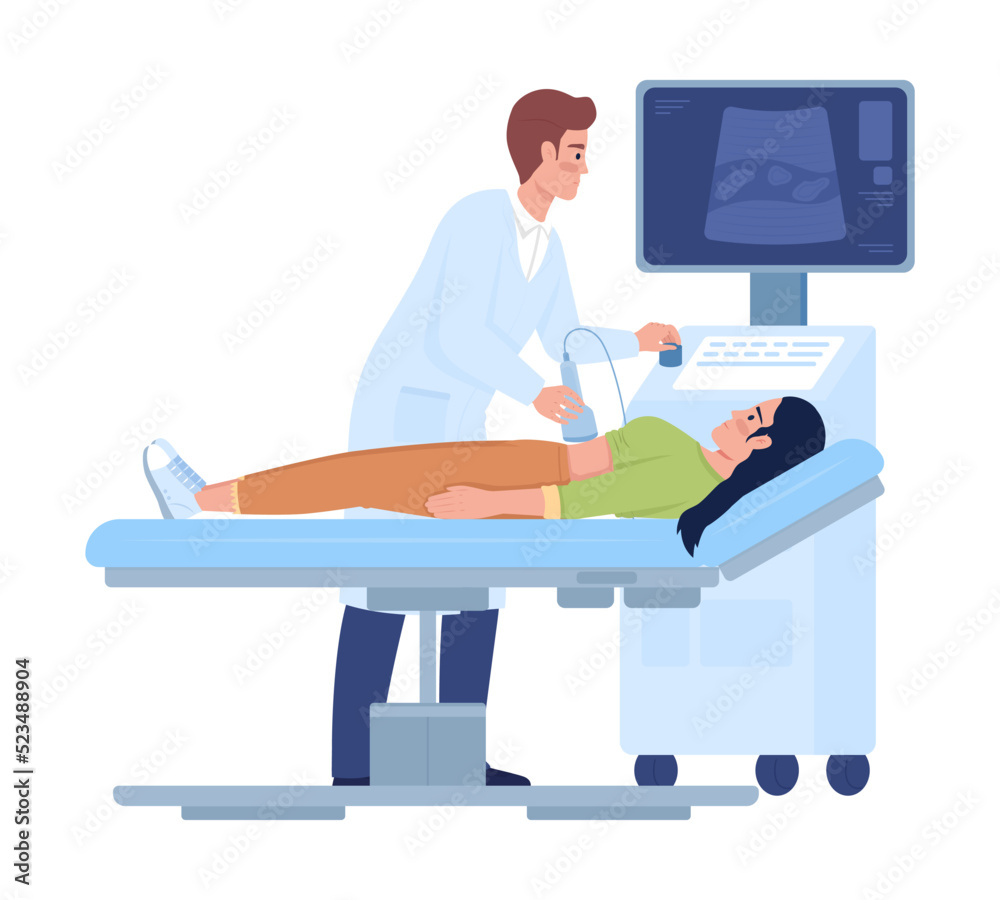 Doctor examining patient with sonography semi flat color vector ...