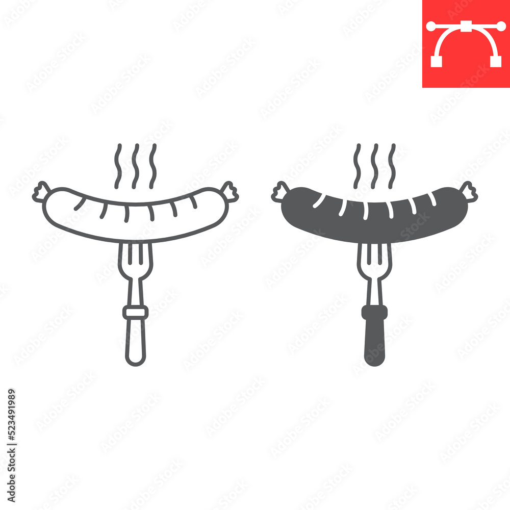Sausage on fork line and glyph icon, meat and oktoberfest, bratwurst on ...