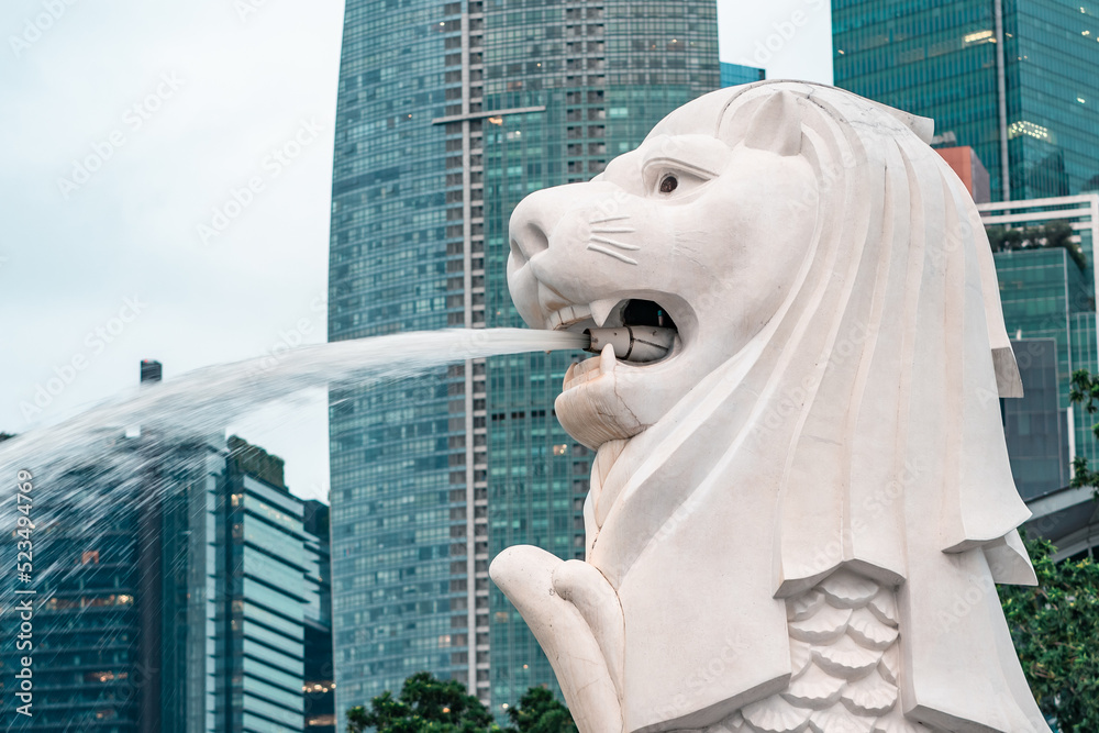 SINGAPORE - JULY 30, 2022 :Close up The Merlion fountain at Marina Bay ...