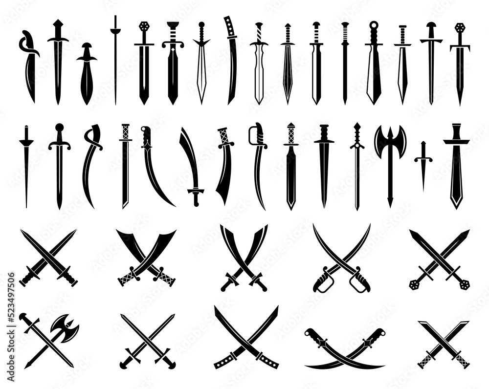Sword icons set. Vector Ancient swords signs and crossed pictograms ...
