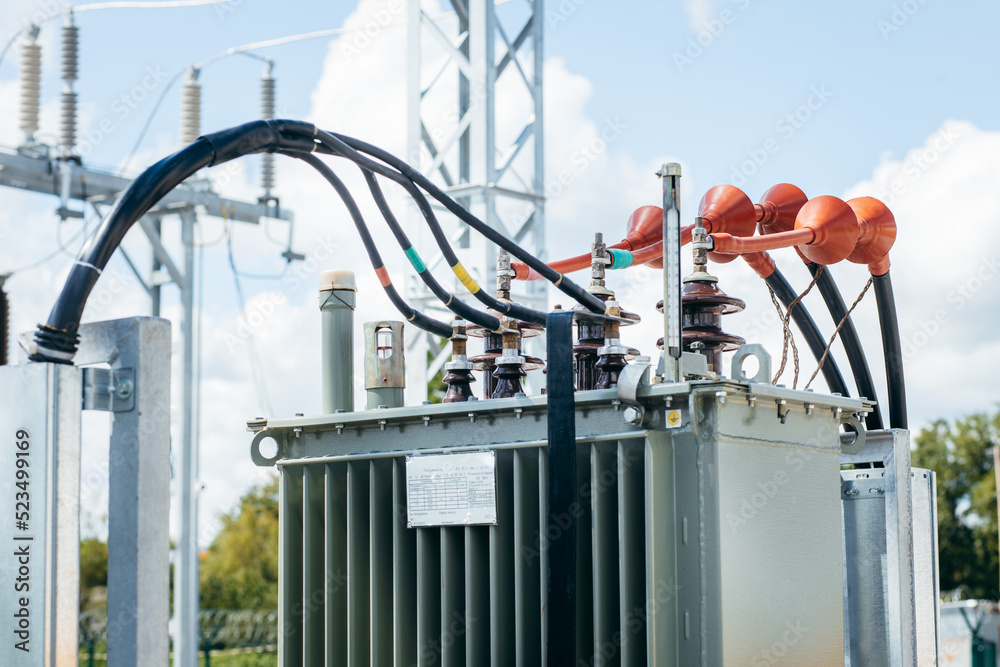 High voltage switchgear and equipment of power plant. View of electric ...