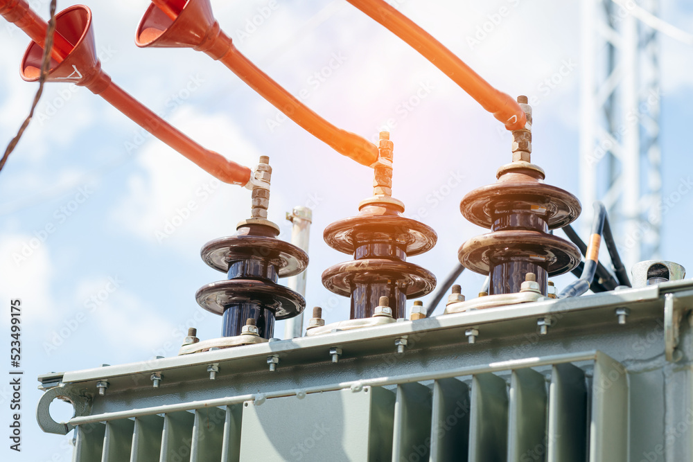 High voltage switchgear and equipment of power plant. View of electric ...