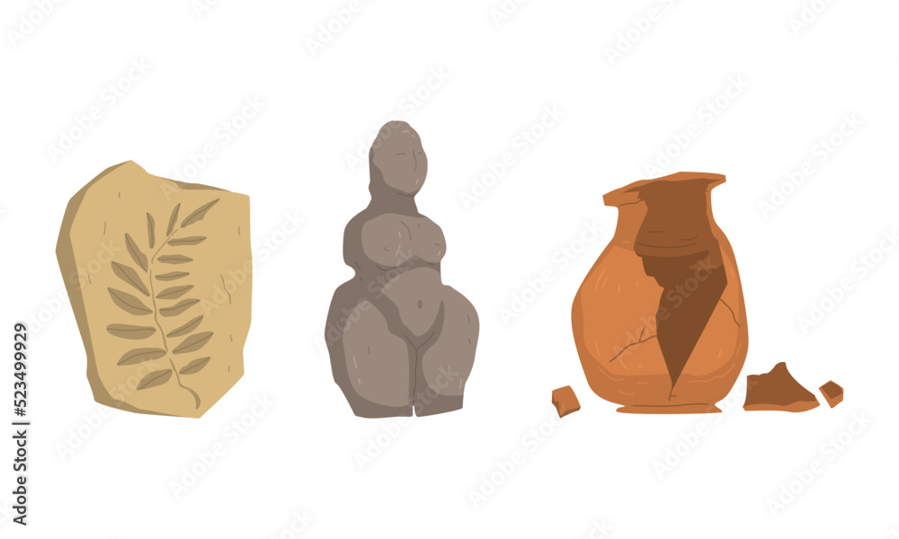 Archaeologists historical artifacts set. Stone section with prehistoric ...