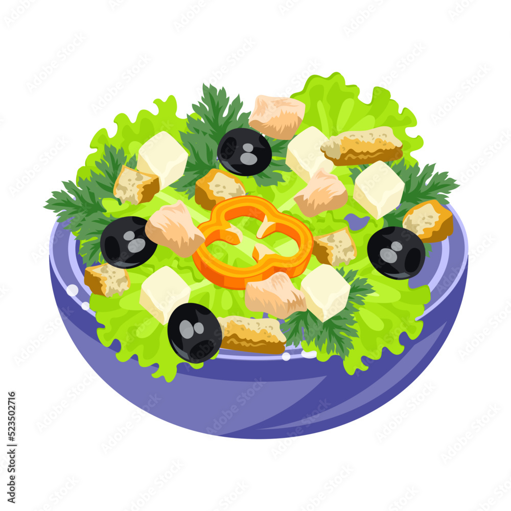 Salad illustration in cartoon style. Vegetable and meat salad. Healthy ...