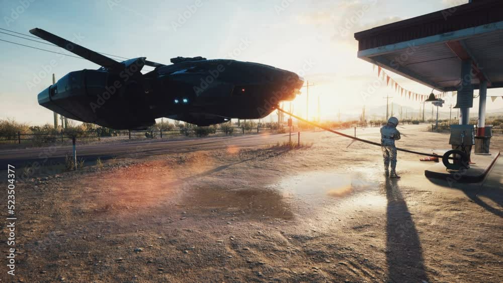 An astronaut at a refueling station waiting impatiently for his ...
