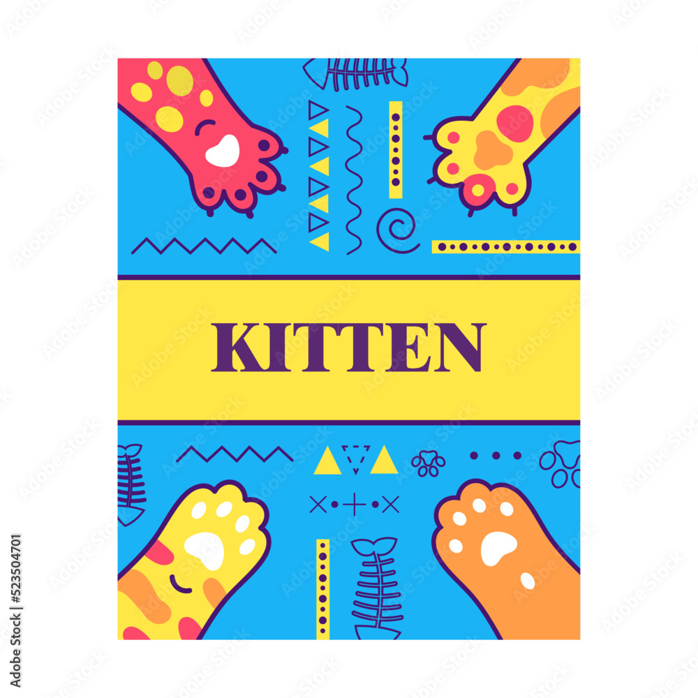 Flyer designs with tomcat paws. Vivid colorful brochure with fluffy ...