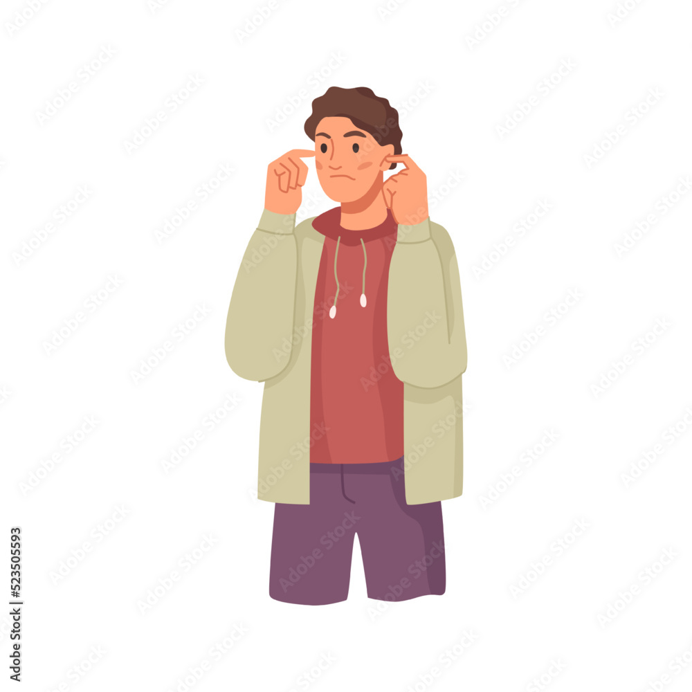 Cartoon caucasian man plugs ears with fingers, fear of loud sounds and ...