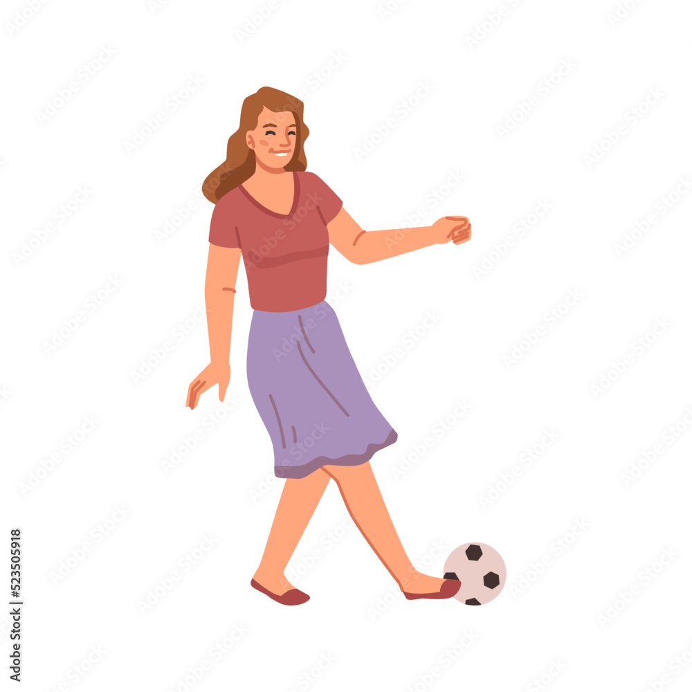 Female character playing football, isolated woman kicking ball. Mother ...