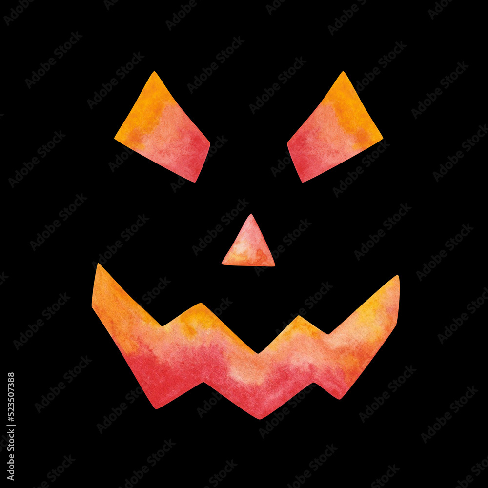 Watercolor illustration of hand painted carved scary face with eyes ...