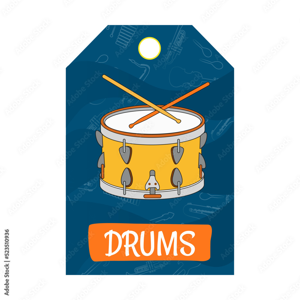 Special tag design with musical instruments. Drums and maracas on blue ...