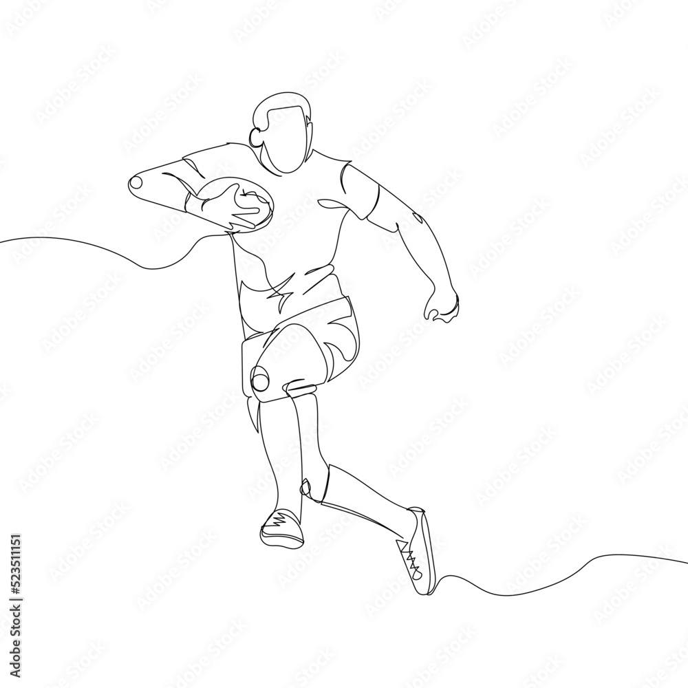 Rugby player with ball player with ball one line art. Continuous line ...