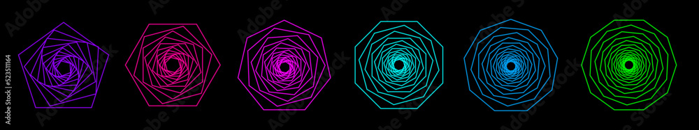 Vector set of twisted colored geometry figures. Spirals fractal element ...
