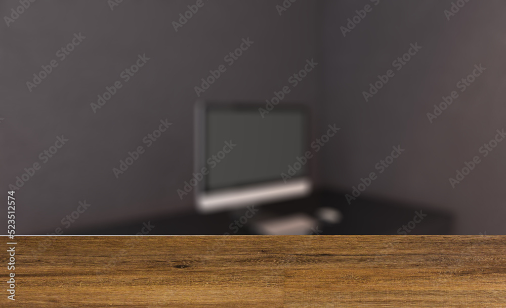 Front view of an office interior with a row of dark wood tables ...