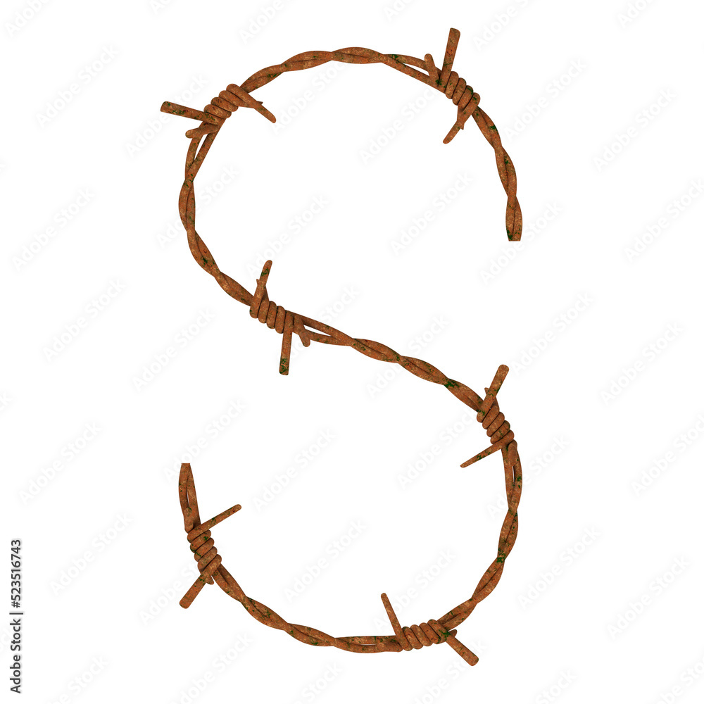 Letter S made of twisted rusty barbed wire, isolated on white, 3d ...