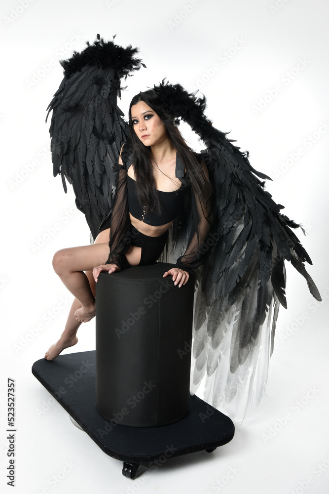 full length portrait of beautiful asian model with dark hair, wearing ...