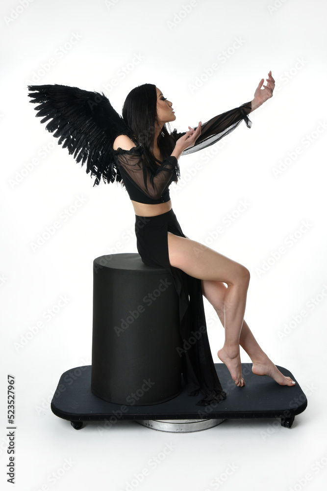 full length portrait of beautiful asian model with dark hair, wearing ...