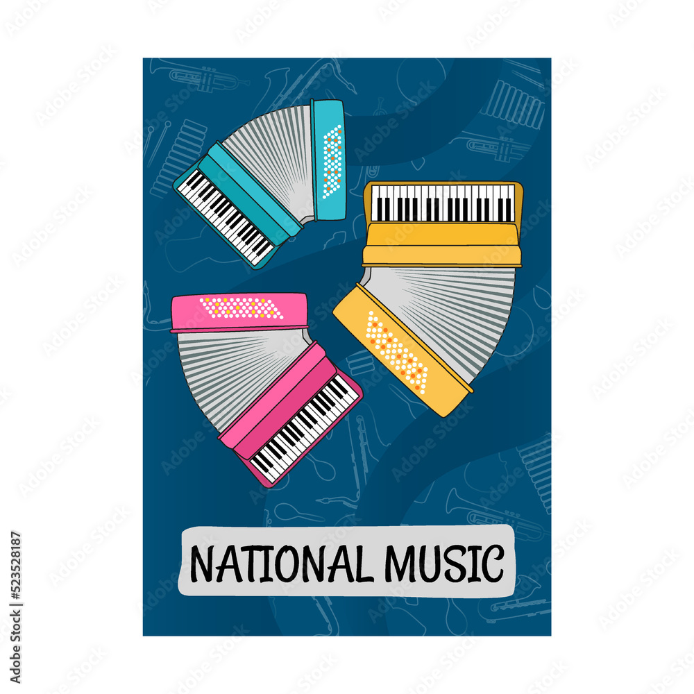 Bright brochure designs with musical instruments. Colored drums ...