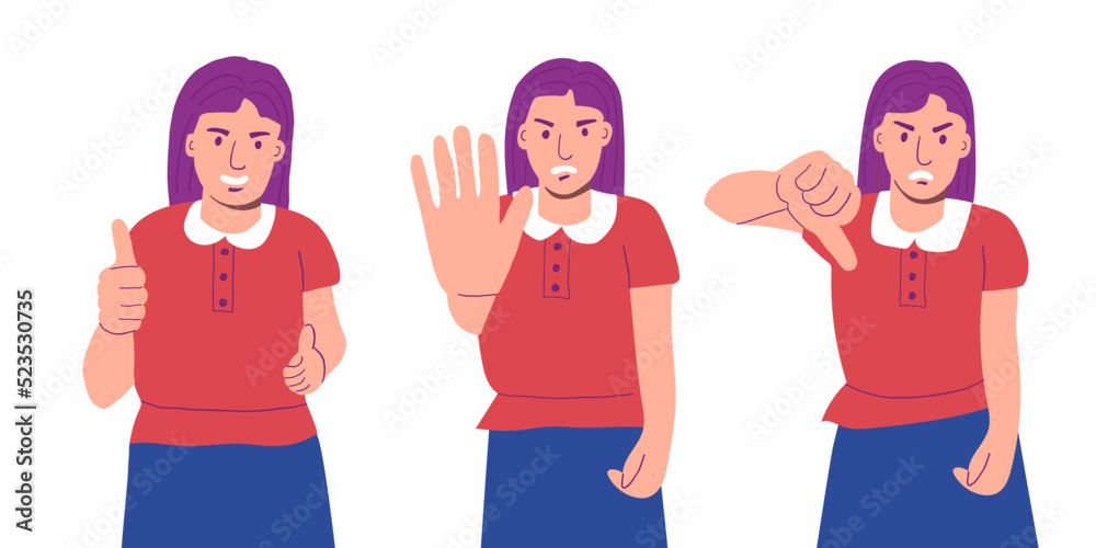 The girl shows signs with her hands. Gestures of approval and ...