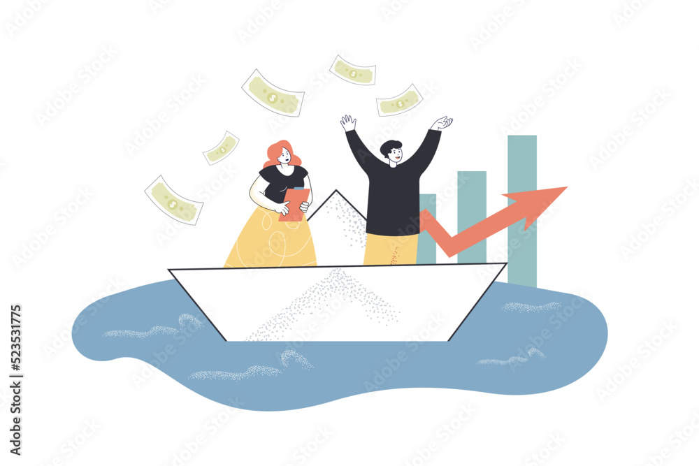 Rich business people sailing on paper boat. Money falling on ship with ...