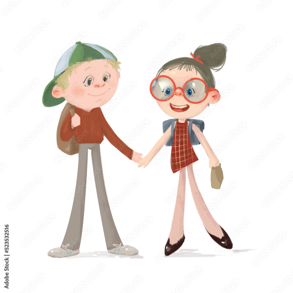 Cartoon character design of schoolchildren. Cute boy and girl with ...