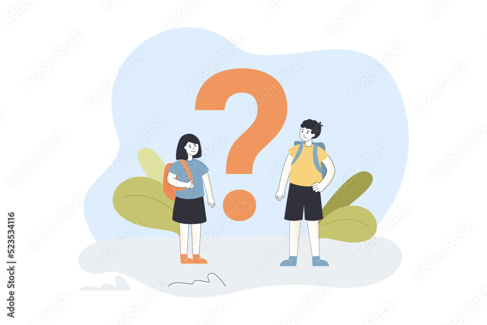 School kids with backpacks standing near big question mark. Searching ...