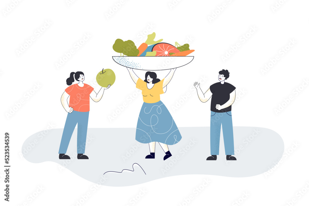 Tiny people holding plate of vegetables and fish. Female and male ...