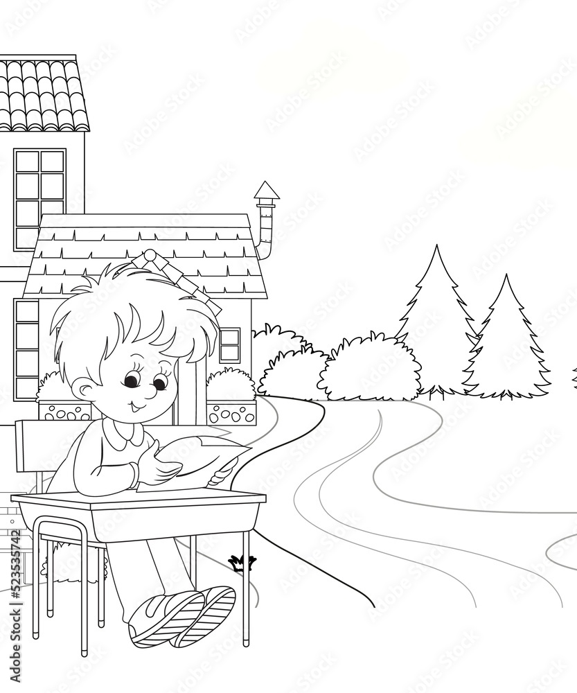 Coloring Page Outline hand-painted in cartoon style Of little boy with ...