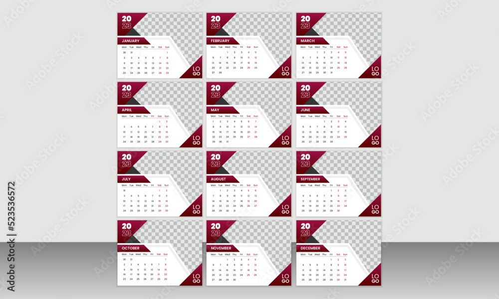 Monthly Calendar 2023. Simple monthly horizontal photo calendar Layout ...