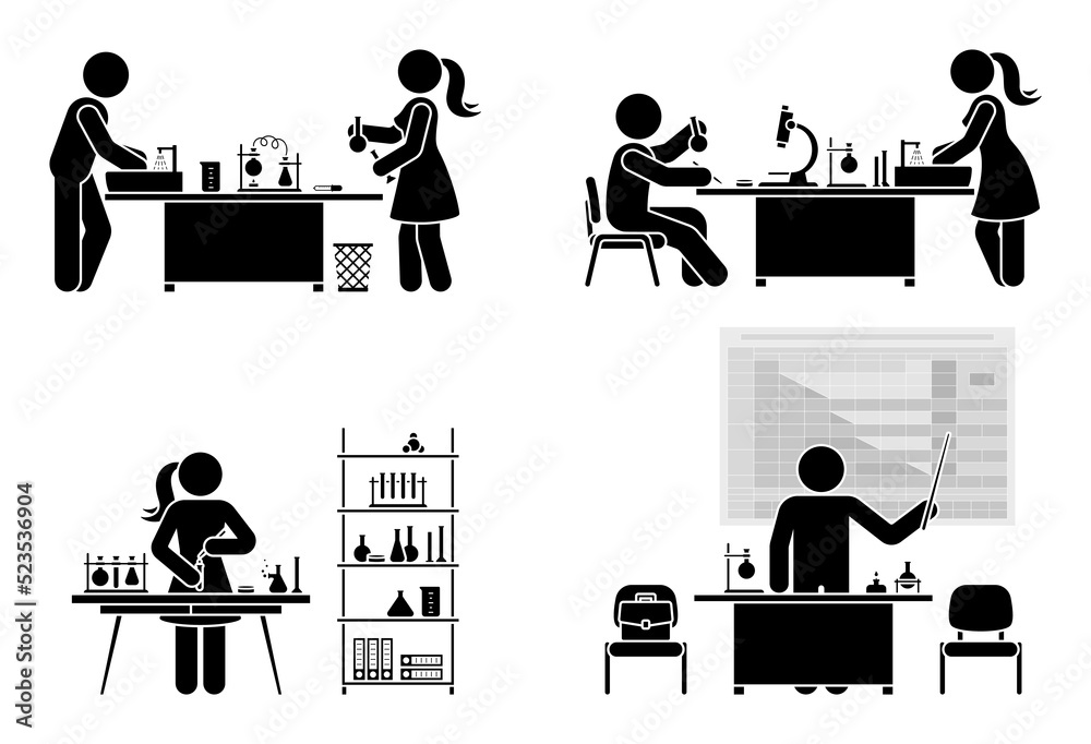 Stick figure man and woman chemist making scientific research in ...