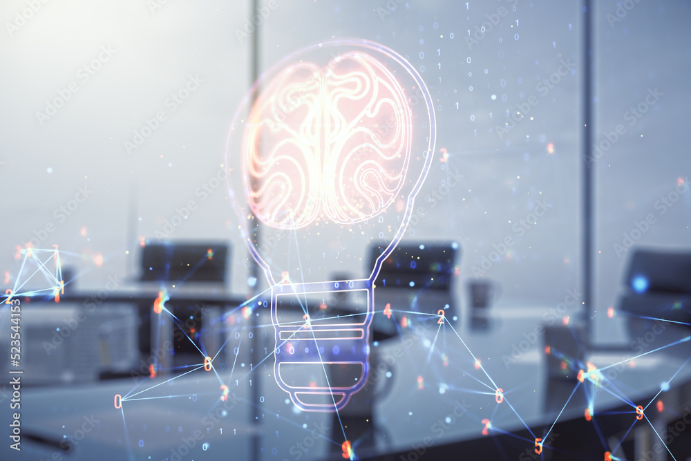 Abstract virtual light bulb illustration with human brain on a modern ...