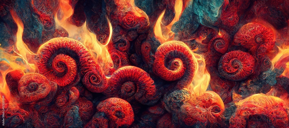 Surreal red rose fire flames unfurls - stranger worm like twirls and ...