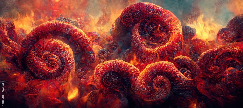 Surreal red rose fire flames unfurls - stranger worm like twirls and ...